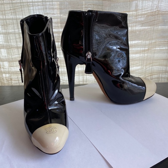 CHANEL | Shoes | Chanel Black Patent Leather Ankle Boots White Toe Cap ...